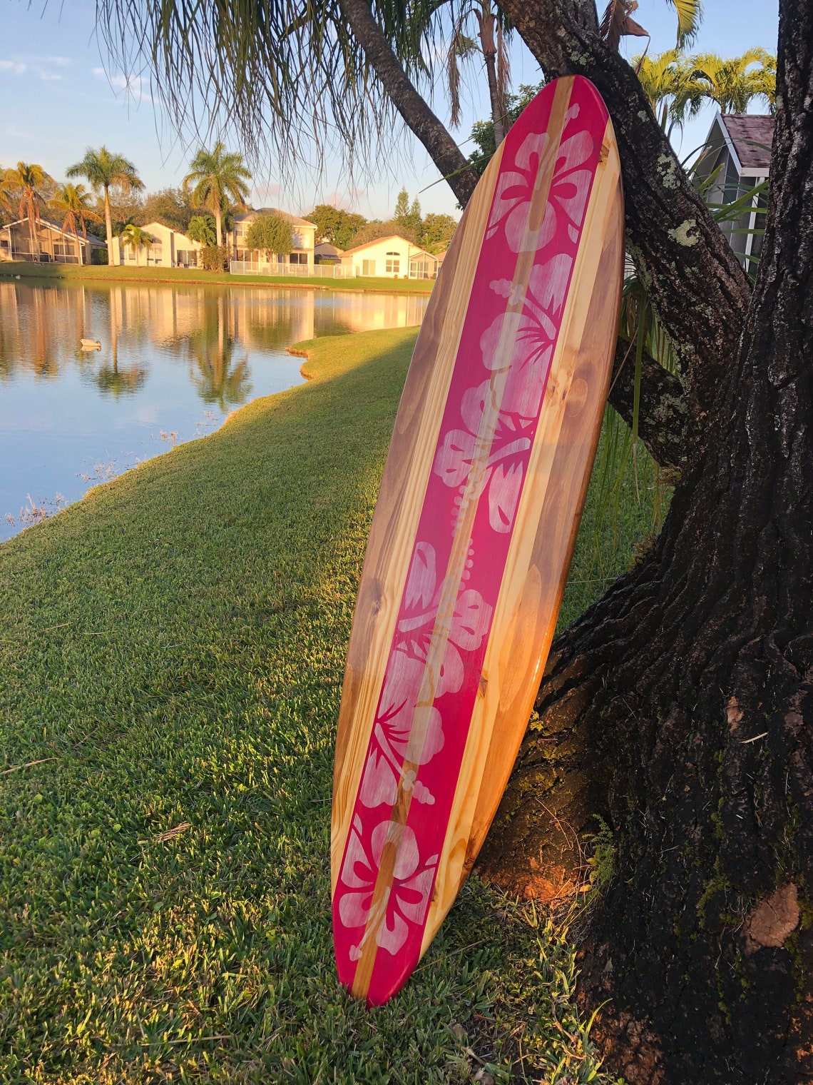 Magenta Distressed Style Surfboard Wood Wall Art & Decor | Customizable ...
