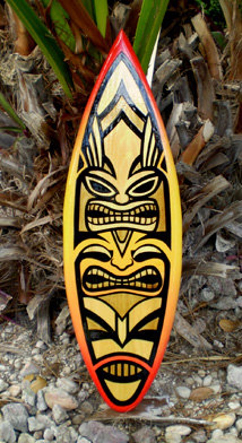Tribal Tiki Surfboard Wood Artwork- Beach Home & Office Surf Decor ...