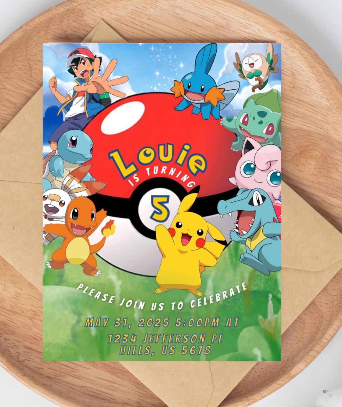 Pokemon Ash Ketchum Pikachu Boys Birthday Party Digital Niño Invitación ...