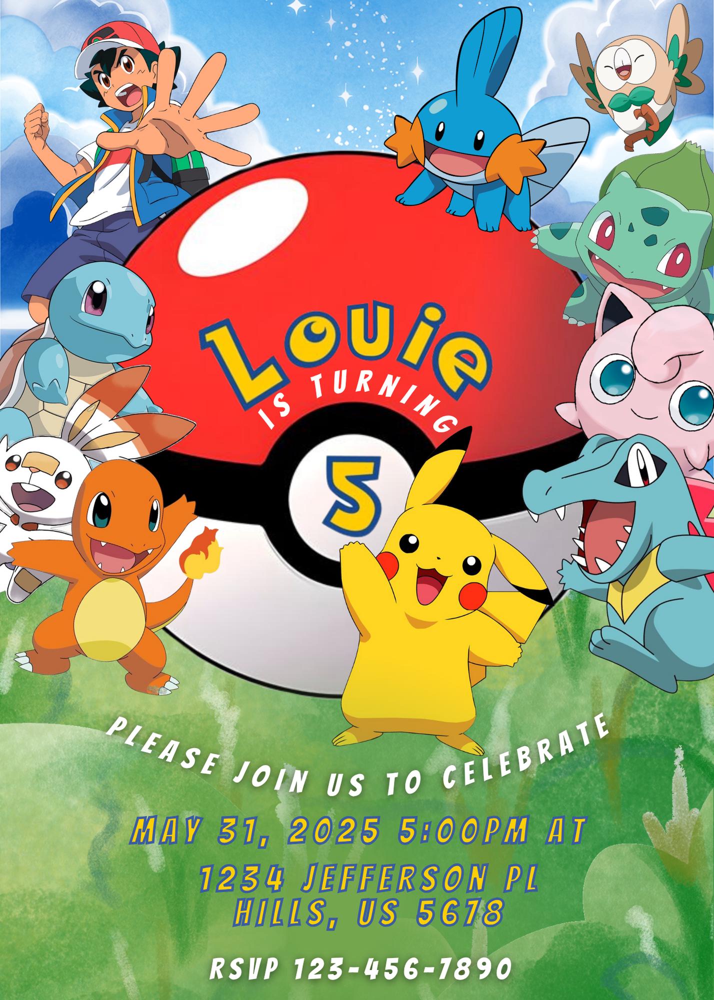 Pokemon Ash Ketchum Pikachu Boys Birthday Party Digital Niño Invitación ...
