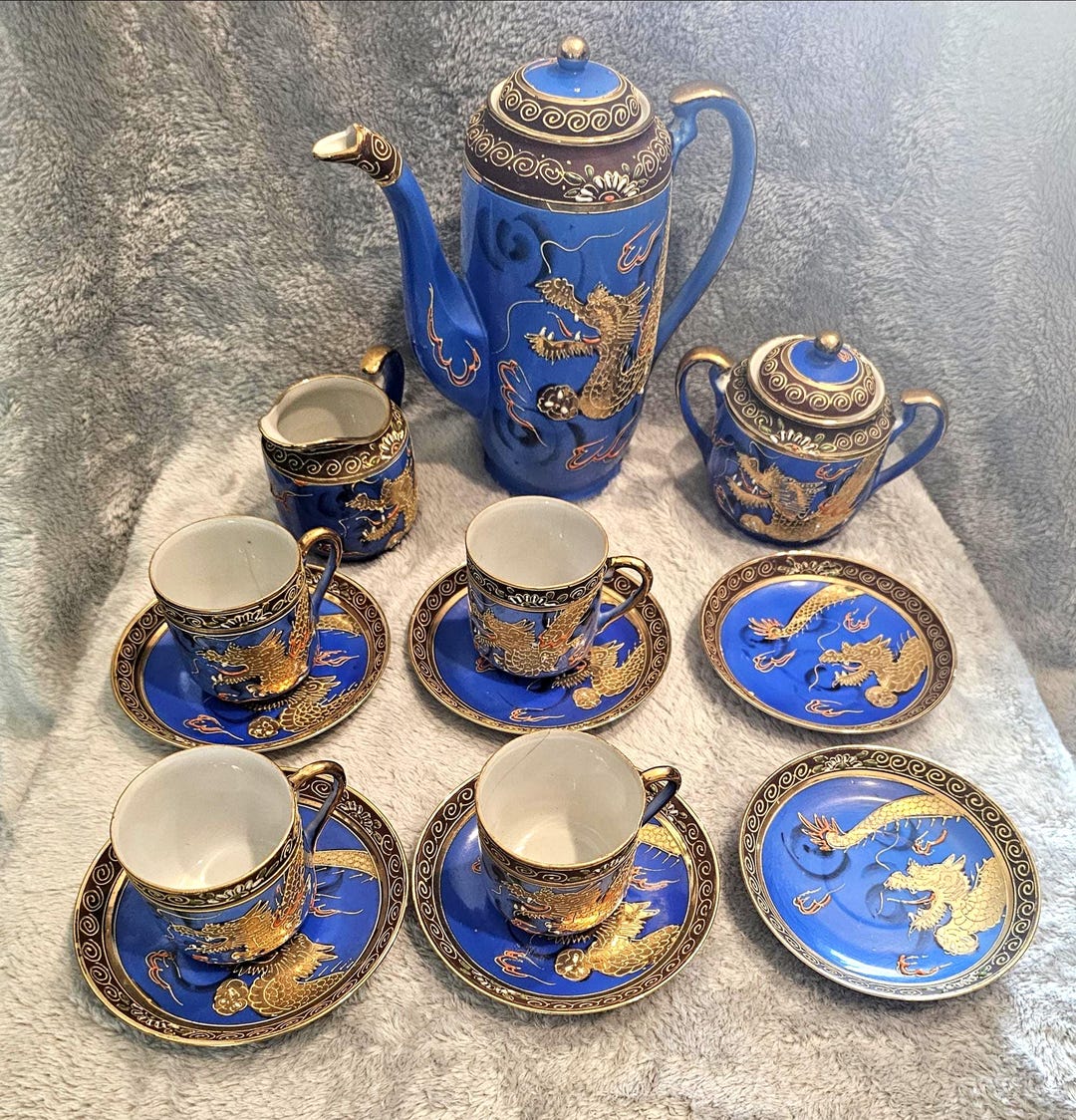 Vintage Mikori 13 PC Tea Set - Hand Painted - Blue With Dragon Motif - Etsy