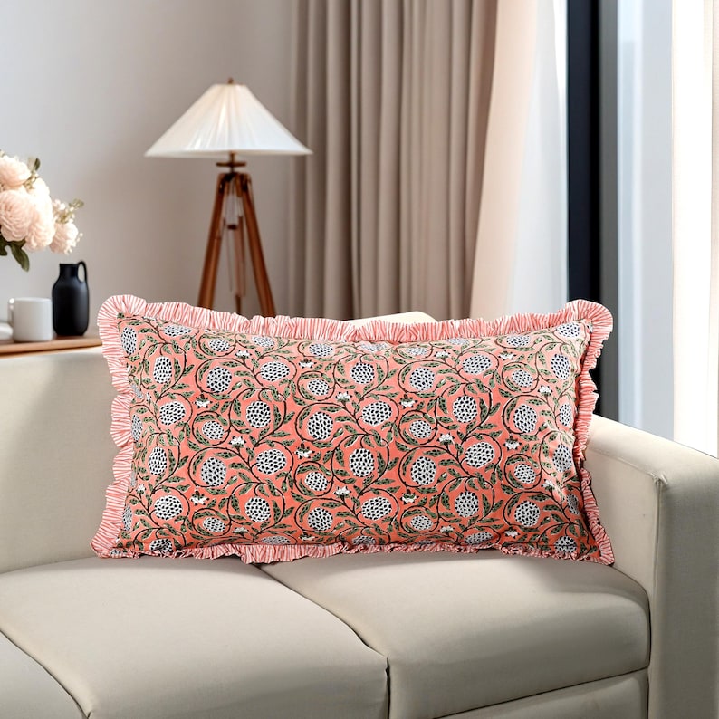 20x30 Dark Salmon Pink Floral Ruffle Decorative Pillow, Boho Block ...