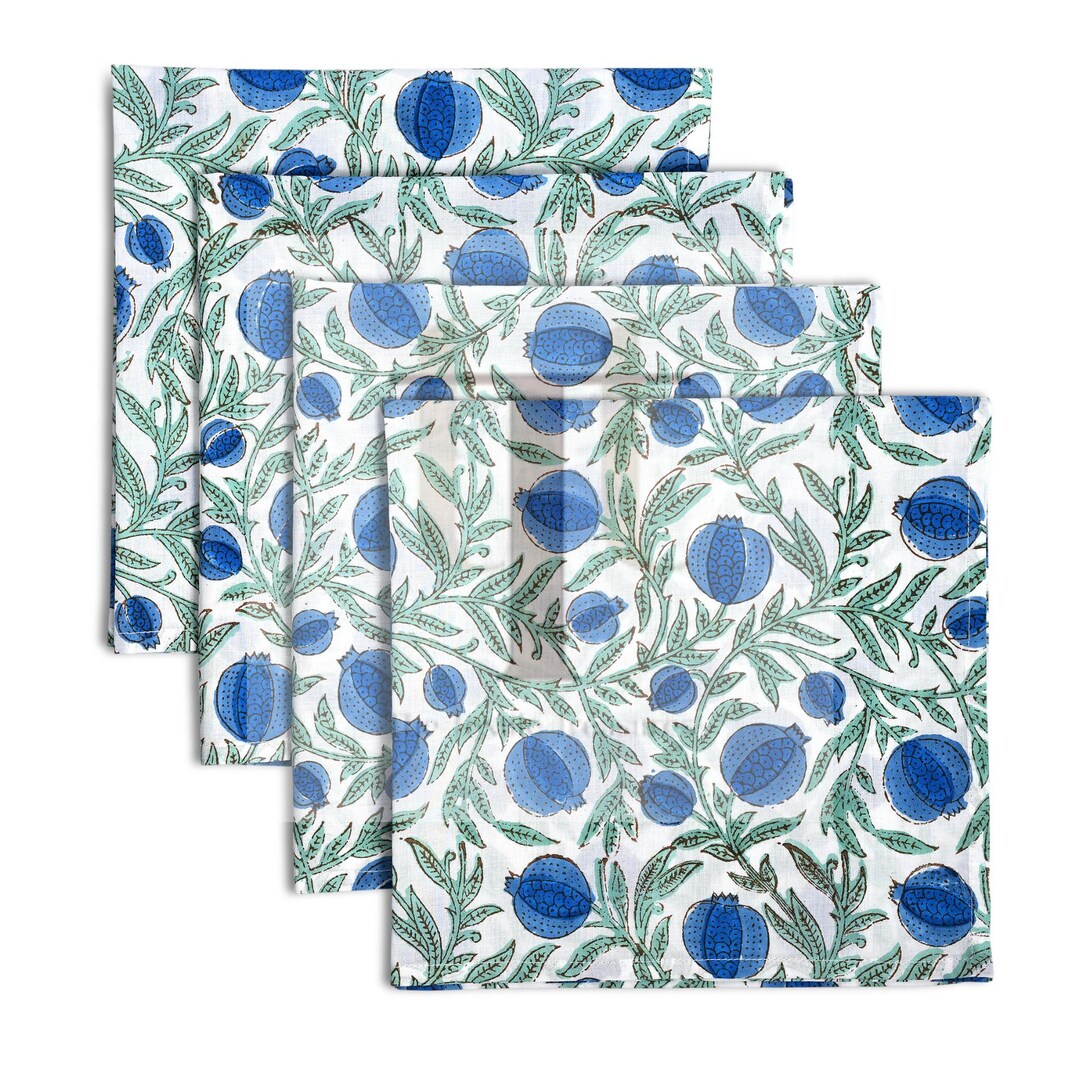 Queen Blue & Celadon Green Floral Napkin Set – Hand Block Print Cotton ...