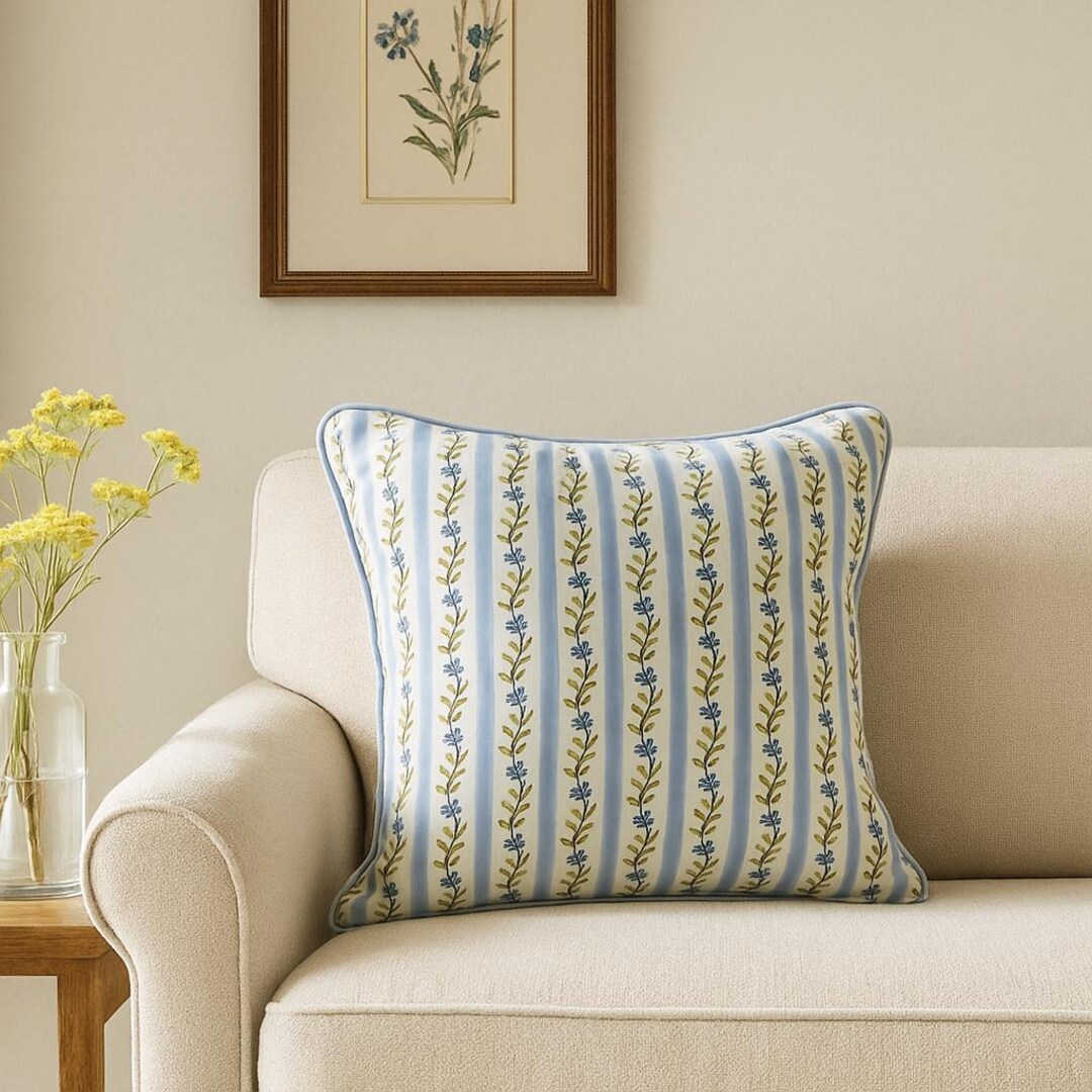 Dolphin Blue Floral Cotton Pillow Cover– Hand Block Print Cushion With ...