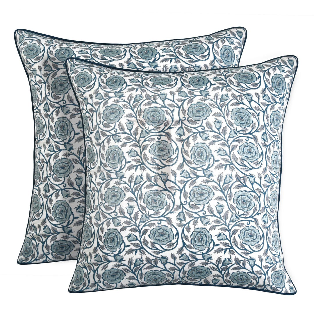 Dusty Indigo Floral Cotton Pillow Cover – Hand Block Print Cushion With ...