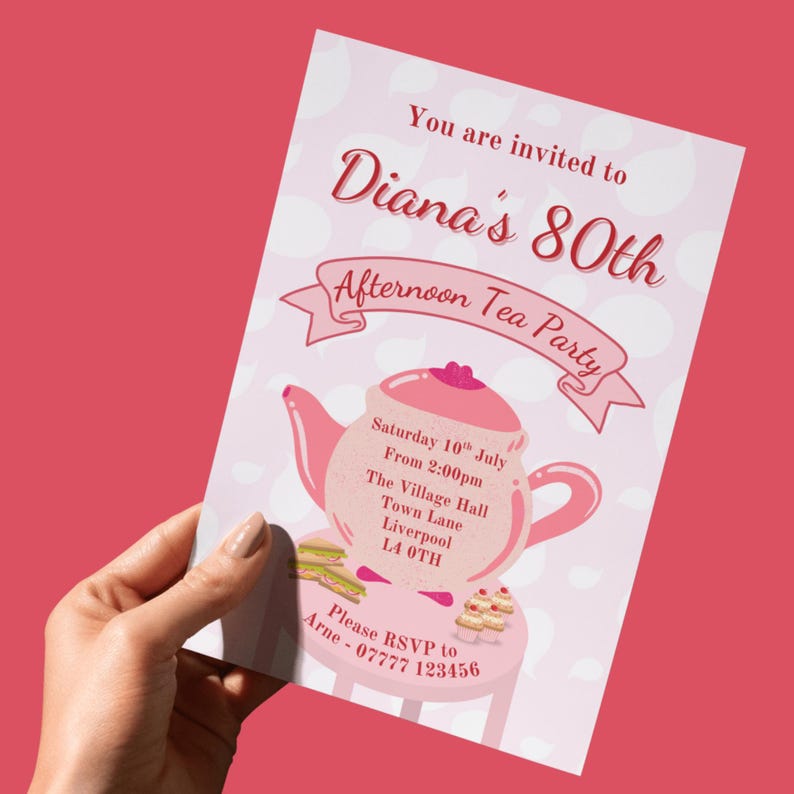 Afternoon Tea Editable Birthday Invitation | Pink Afternoon Tea ...