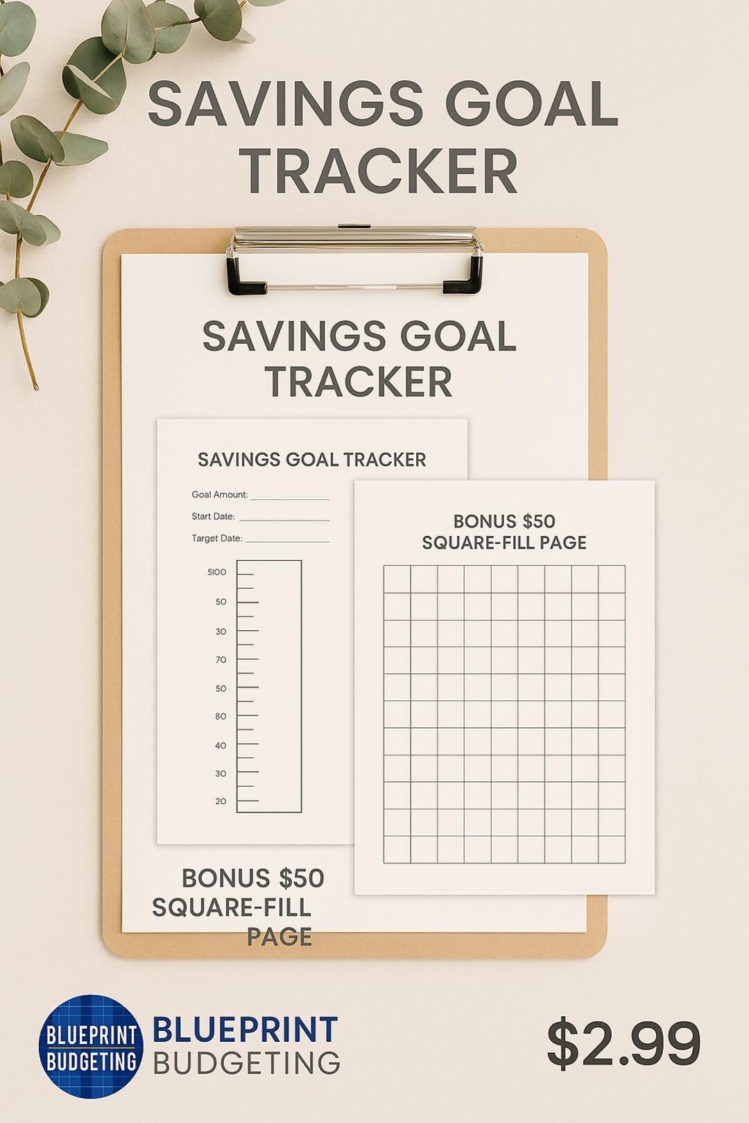 Savings Goal Tracker Printable | Visual Money Savings Chart | 50 Dollar ...