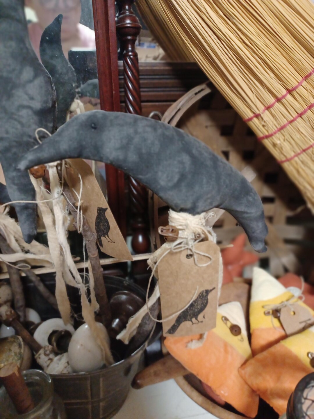 Primitive Folkart Crow on Stick With Tag - Etsy