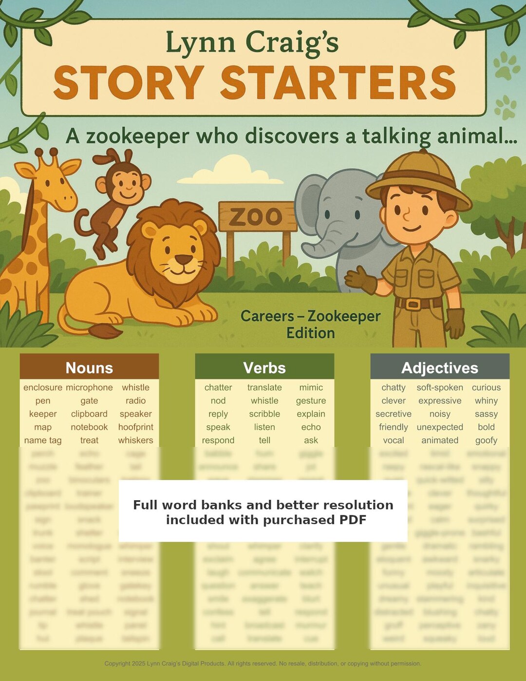 Story Starters - Careers: Zookeeper | Printable Writing Prompt PDF ...