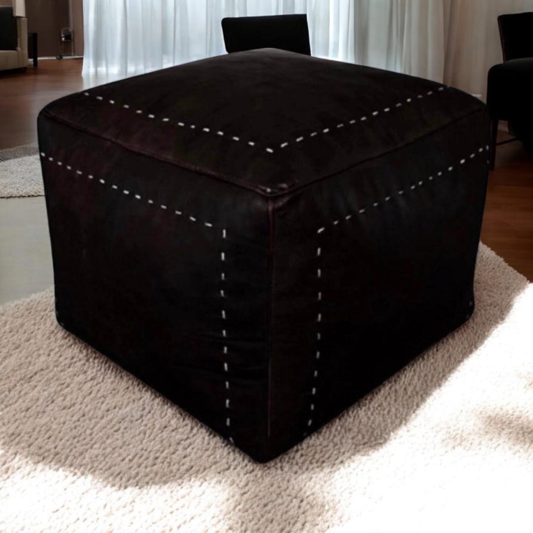 Amazing Moroccan Leather Pouff Ottoman - Black Hassock Genuine Soft ...