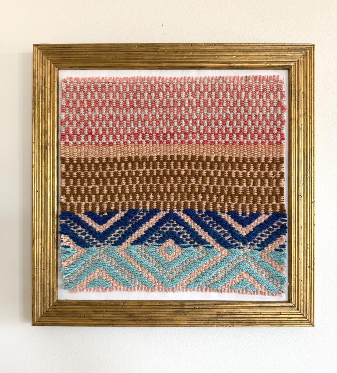 Framed Peruvian Textile Art | Bold Pink Blue | Ribbed Gold Frame | One ...