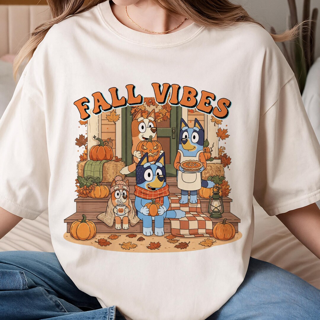 Bluey Fall Vibes Thanksgiving Png: Blue Cartoon Dog With Friends Png ...