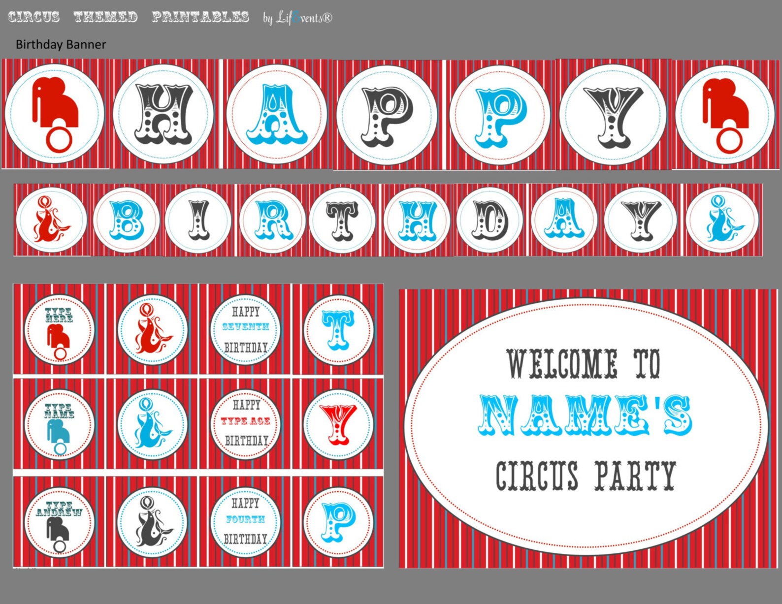 Circus Birthday Party PRINTABLES Circus Themed - DIY Printable Circus ...