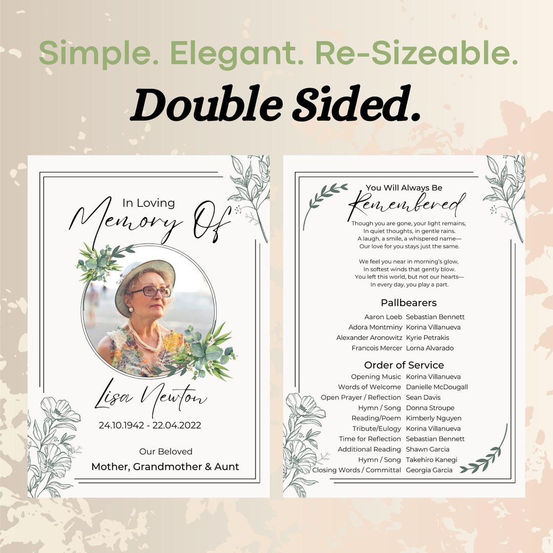 SIMPLE FUNERAL / MEMORIAL | Order of Service | Double Sided| Resizeable ...