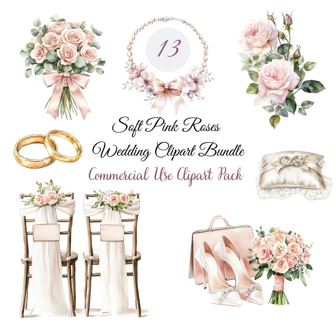Soft Pink Roses Wedding Clipart Bundle, 13 PNG Elements, Blush Floral ...