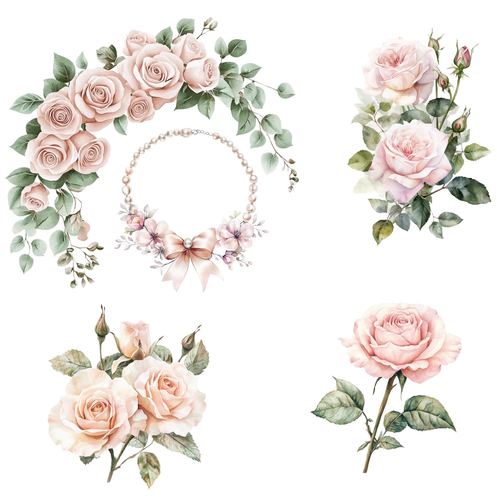 Soft Pink Roses Wedding Clipart Bundle, 13 PNG Elements, Blush Floral ...