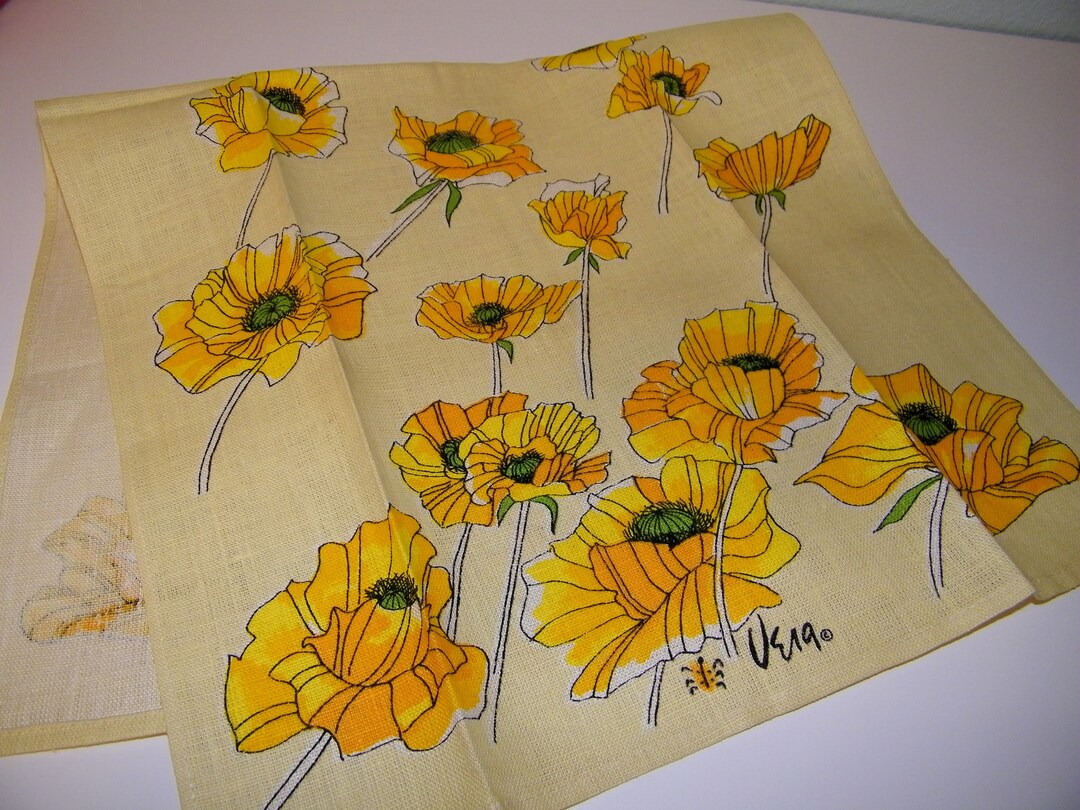 Vintage Vera Neumann Yellow Orange Golden Poppy Tea Towel Mid Century ...
