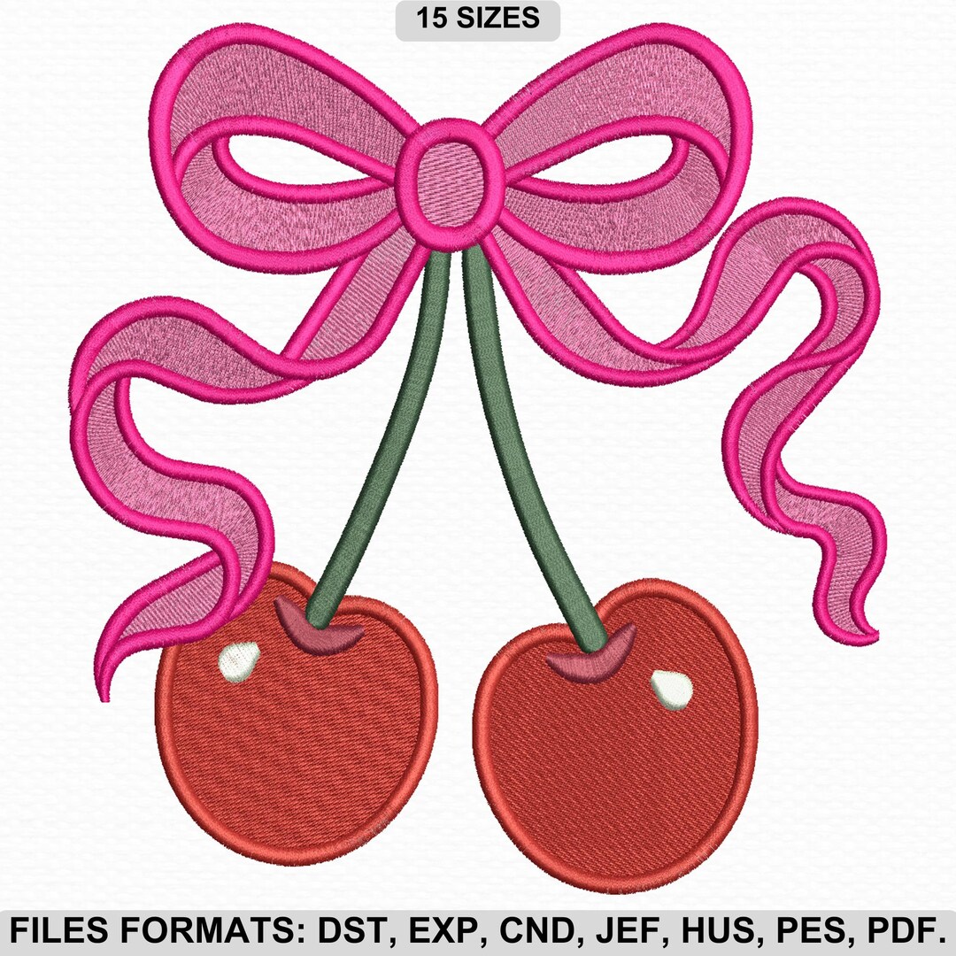 Ribbon Bow Cherries Embroidery Design, Cherries Coquette Bow, Cherry ...