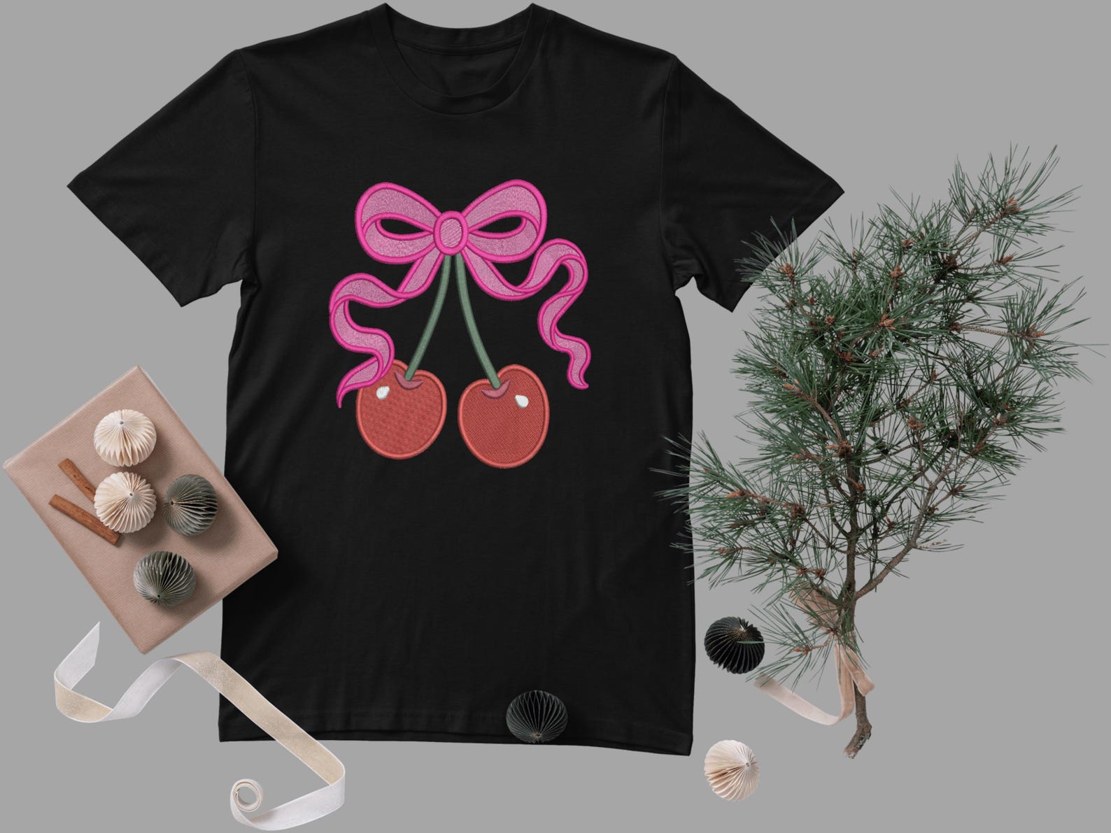 Ribbon Bow Cherries Embroidery Design, Cherries Coquette Bow, Cherry ...