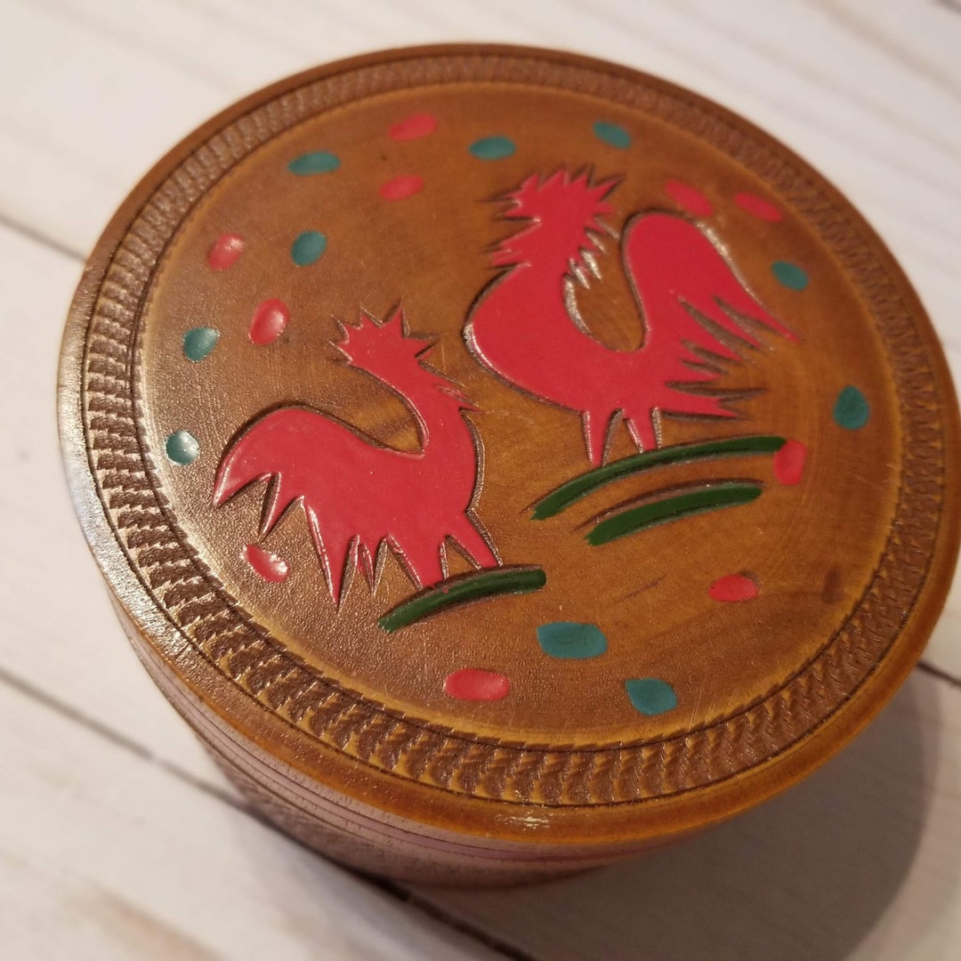 Roosters! Wood Carved Coasters With Painted Rooster Motif in Nesting ...