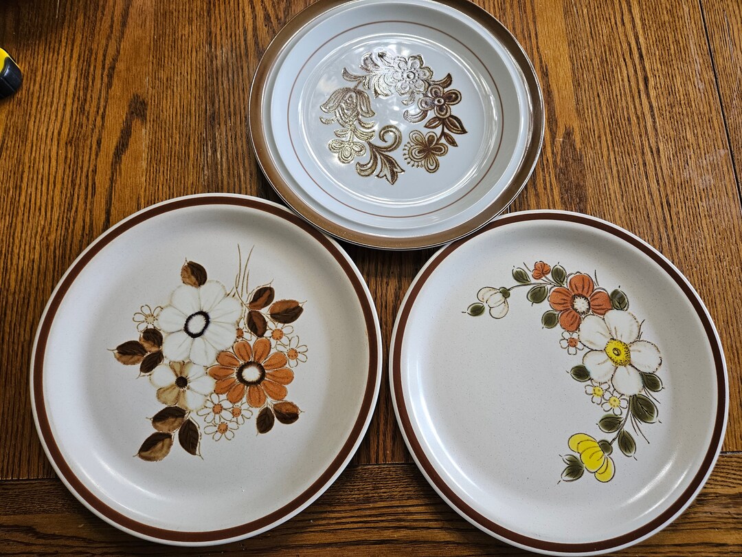 1970's Dinnerware / Set 3 Mismatched Floral Stoneware Dinner Plates / 2 ...