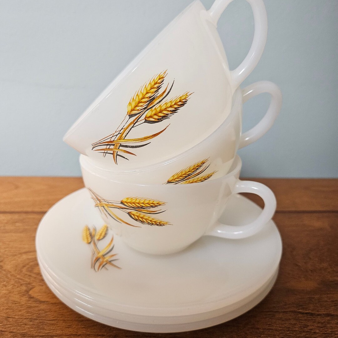 Set of 3 Coffee Tea Cups & Saucers Anchor Hocking / Midcentury Fire ...