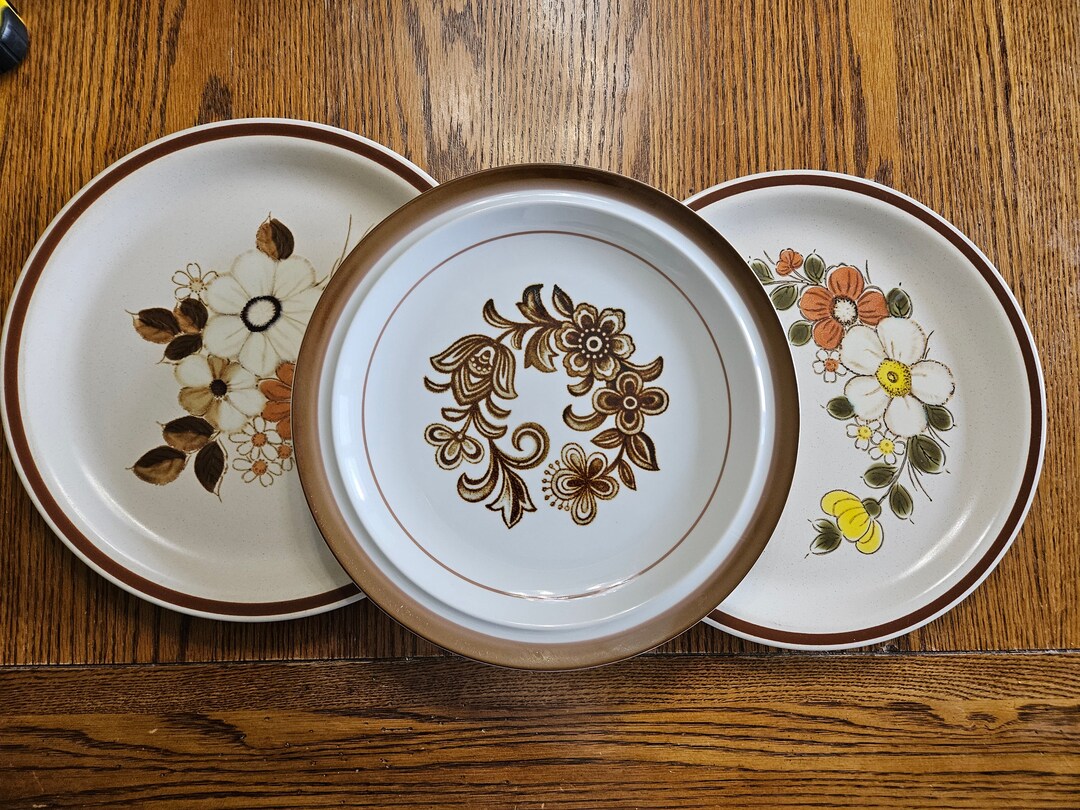 1970's Dinnerware / Set 3 Mismatched Floral Stoneware Dinner Plates / 2 ...