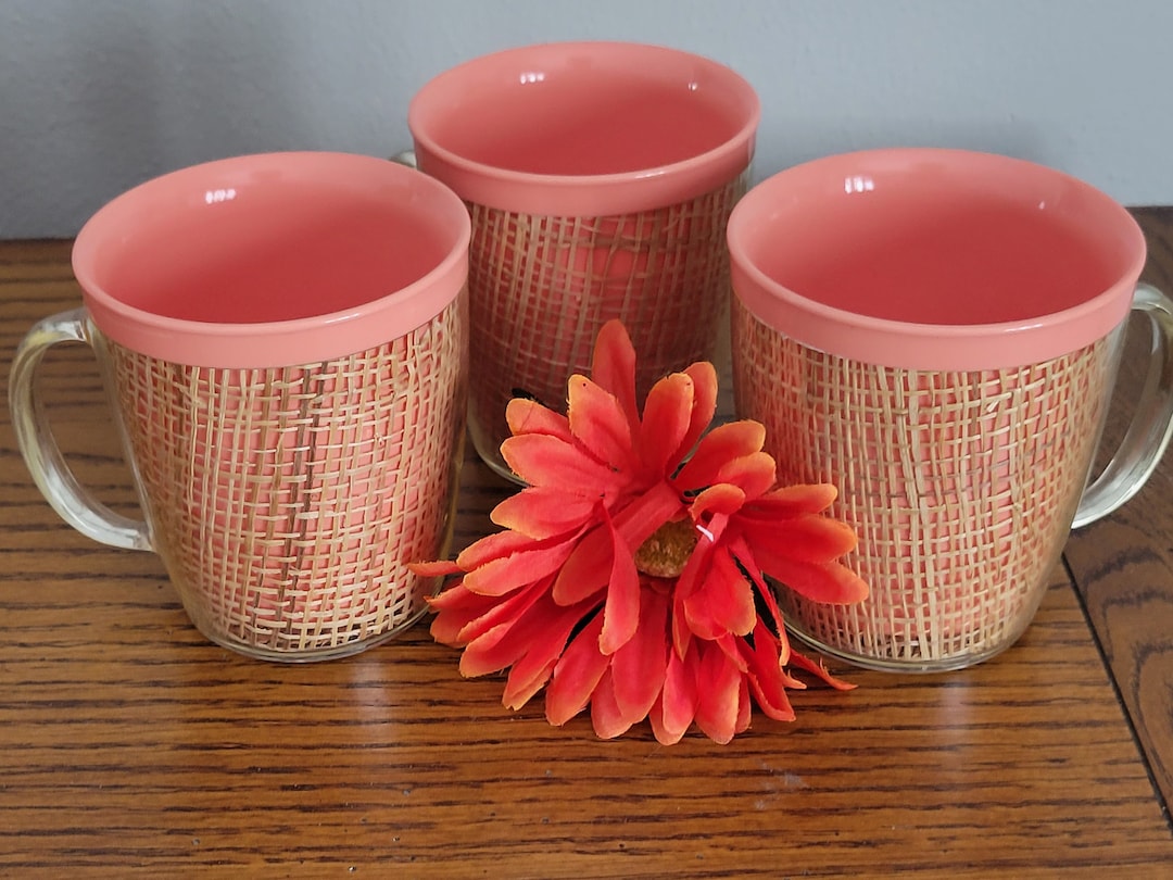 Midcentury Raffiaware Set of 3 Coffee Mugs Coral Salmon Colored / Retro ...