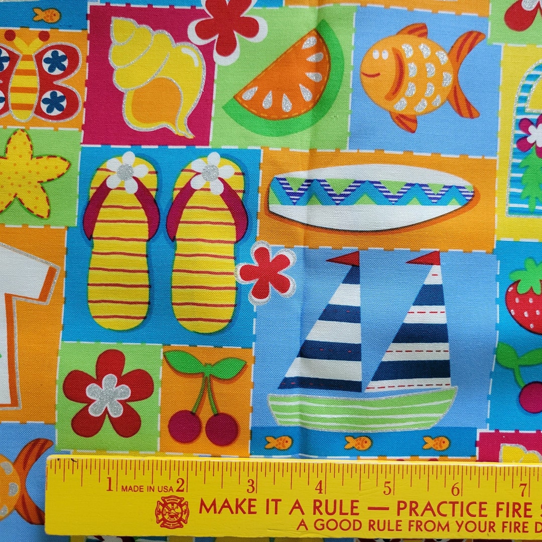 Summer Fun Cotton Fabric: Flip Flops, Surfboards, Sailboats - 4 Yards ...