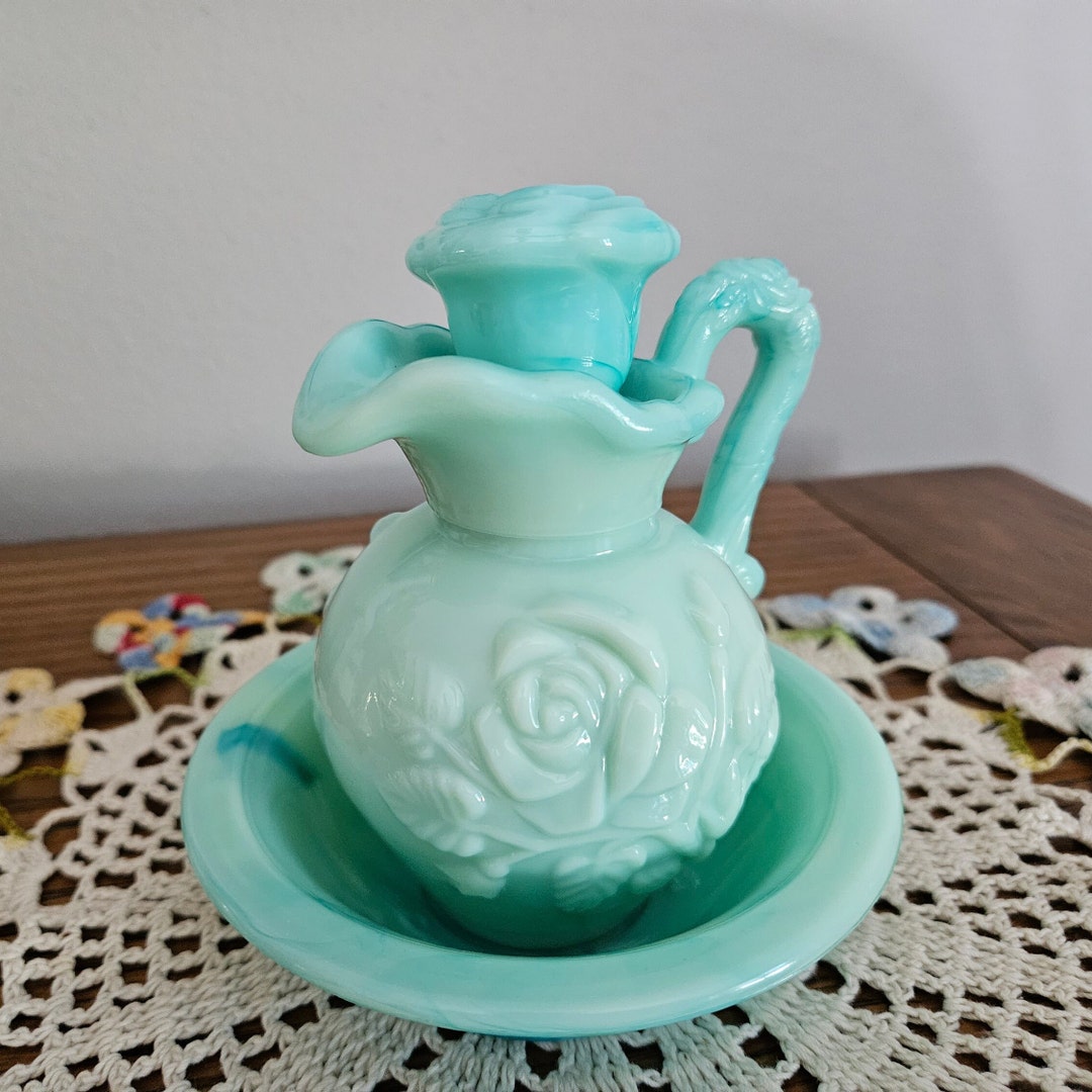 Vintage 1978 Avon Aqua Milk Glass Pitcher & Bowl Set / Originally for Skin-so-soft Oil - Etsy