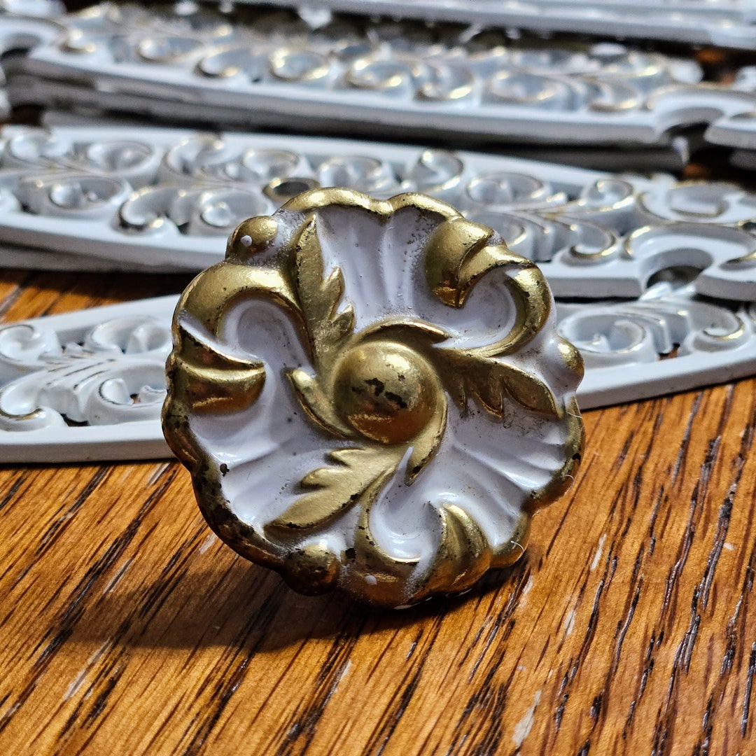 Vintage French Provincial Rosette Drawer Pull: White & Gold Backplate ...