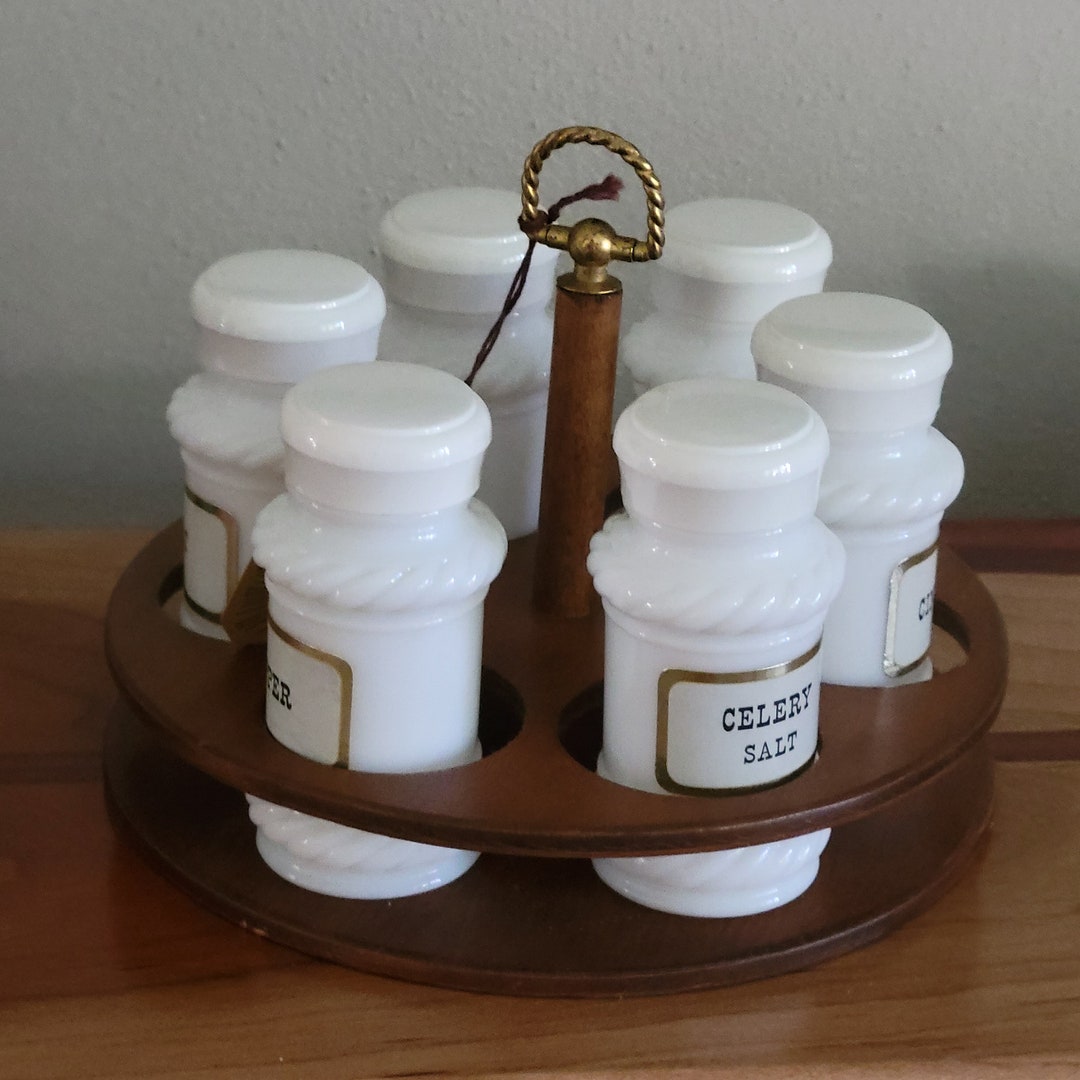 Vintage Wood Round Spice Rack With 6 Bottles / Table Top Spice Holder ...