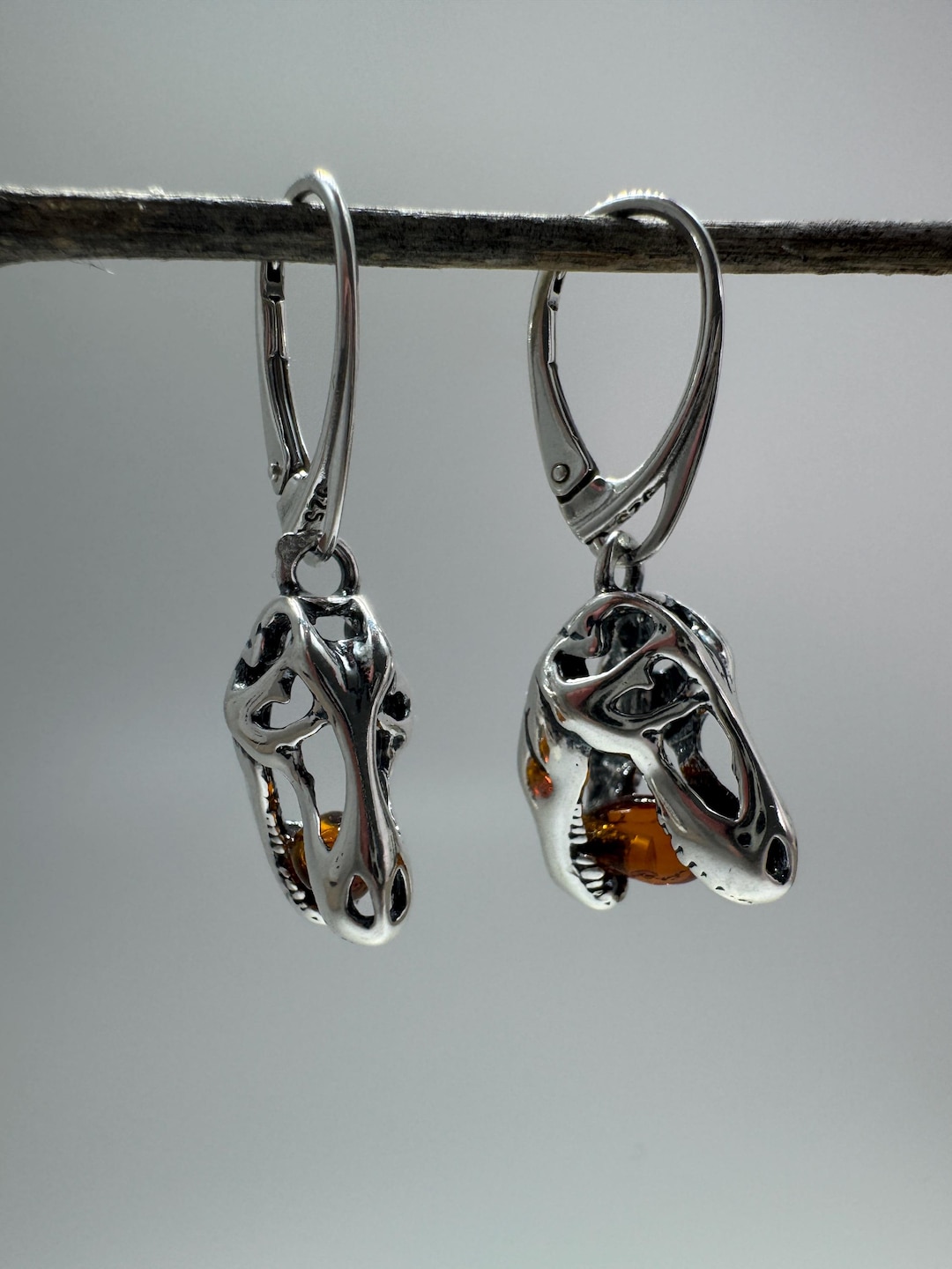 Tyrannosaurus Rex Lever Back Earrings – Sterling Silver & Baltic Amber ...