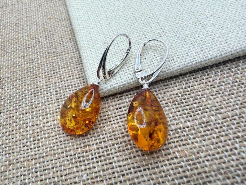 Sterling Silver Genuine Baltic Amber Teardrop Leverback Earrings - Etsy