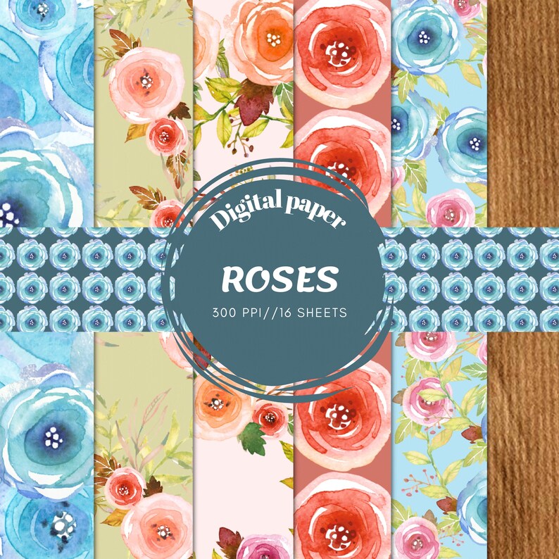 Watercolor Rose Digital Paper Pack, 16 Floral Backgrounds, Printable ...