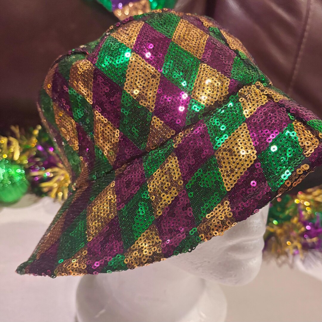 New Orleans Mardi Gras Sequin Bucket Hat, Purple Green Gold Hat, Parade ...