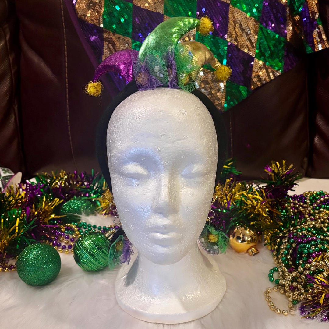 Mardi Gras Metallic Plush Jester Headband, Purple Green and Gold Tulle ...