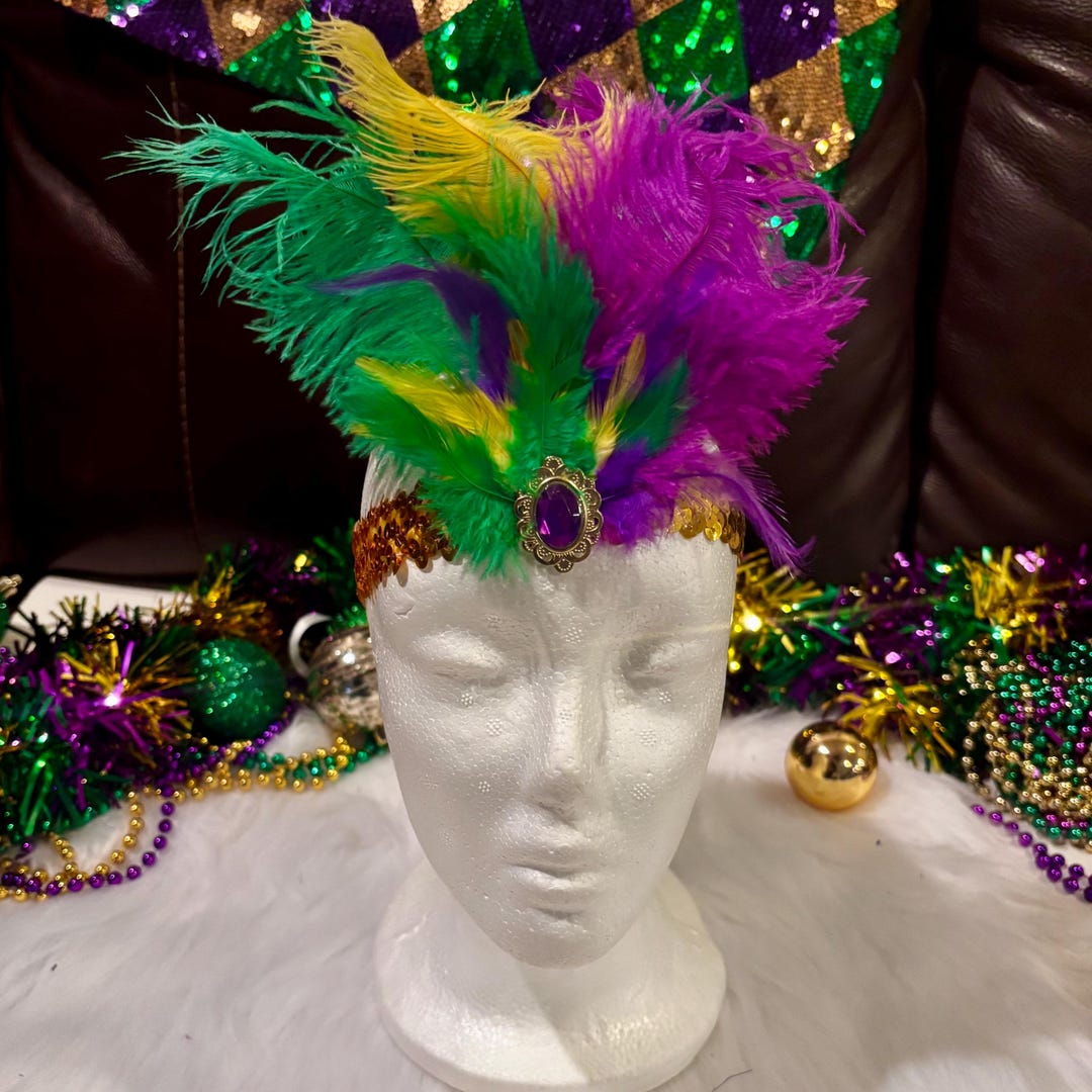 Mardi Gras Sequin Gem Headband With Feathers, New Orleans Parade ...