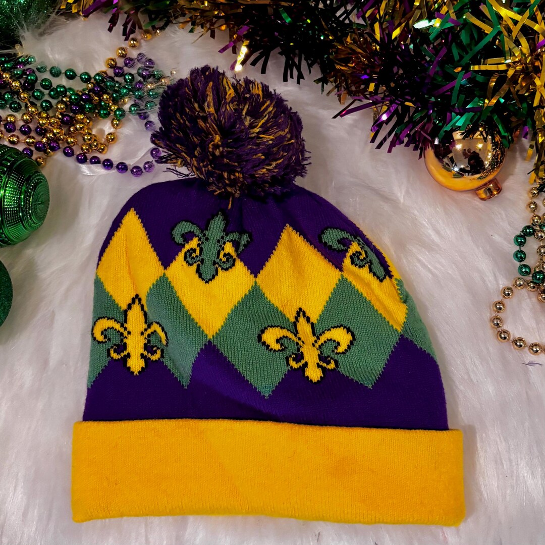 New Orleans Mardi Gras Fleur De Lis Beanie Hat With Pom Pom and Chevron ...