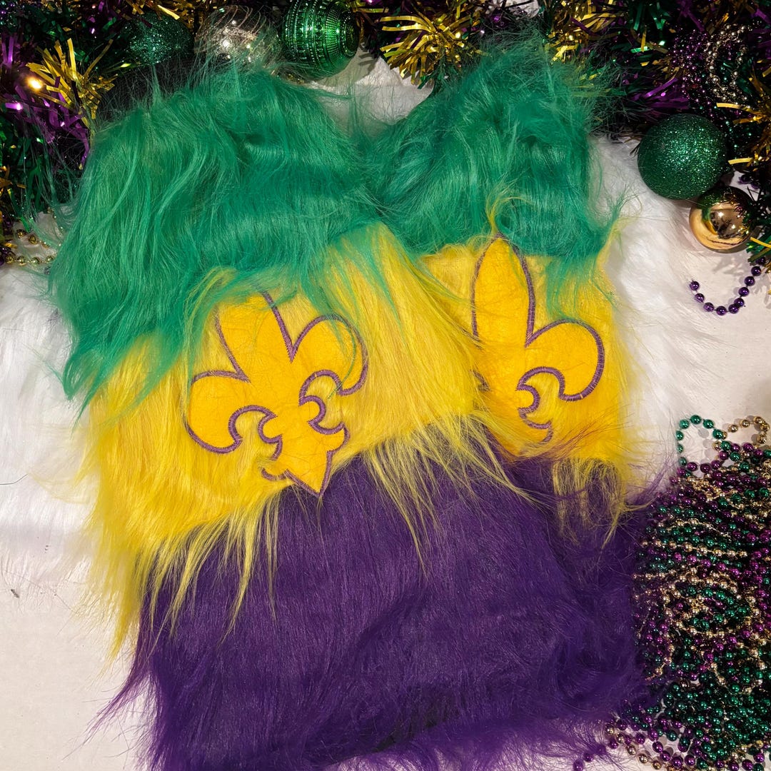 Mardi Gras Fuzzy Fleur De Lis Leg Warmers, Purple, Green, and Gold New ...