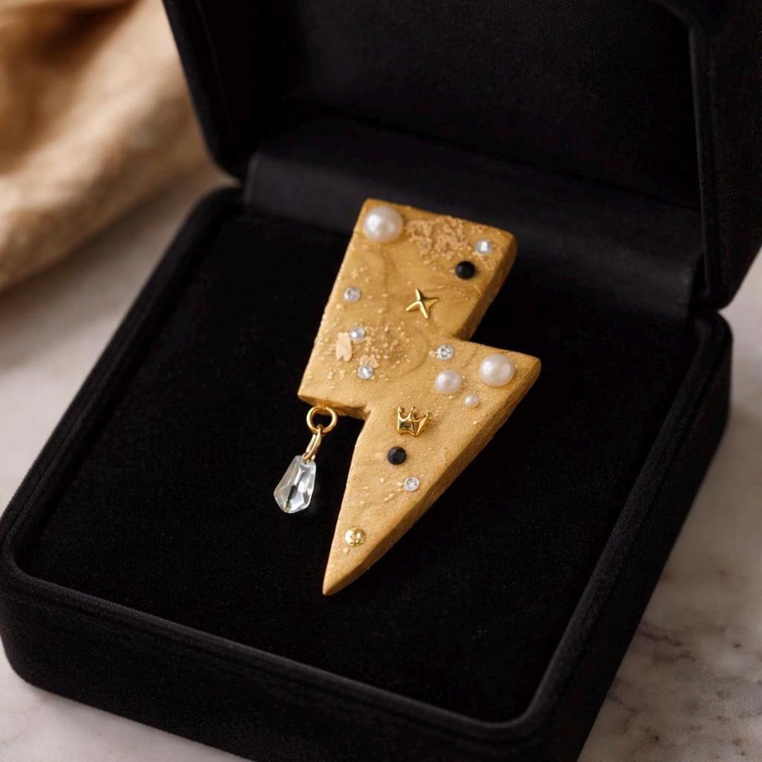 TCB Inspired Gold Lightning Bolt Brooch – Elvis Inspired Pearl ...