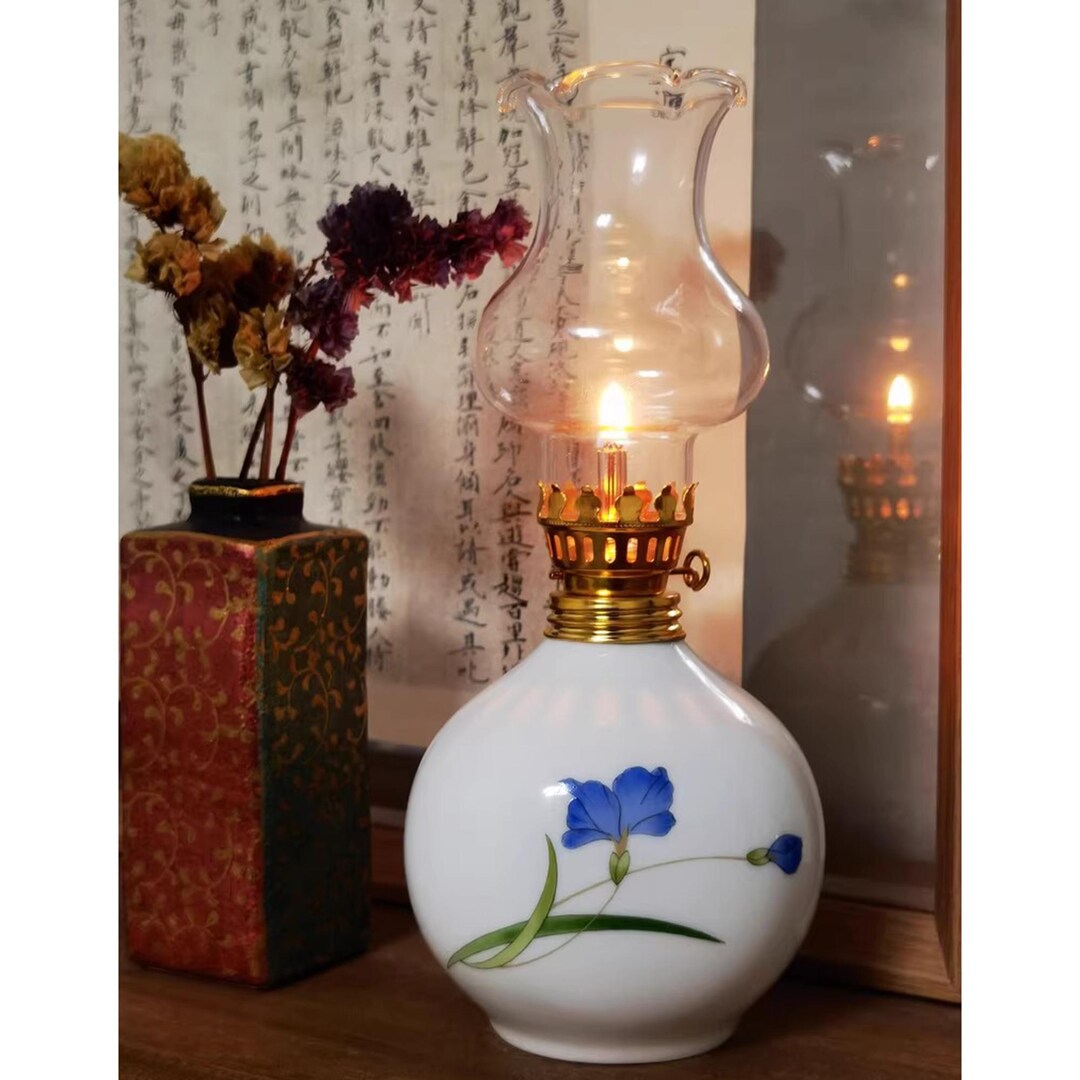White Porcelain Oil Lamp,hand-painted Blue Flower Glass Lighting Oil ...