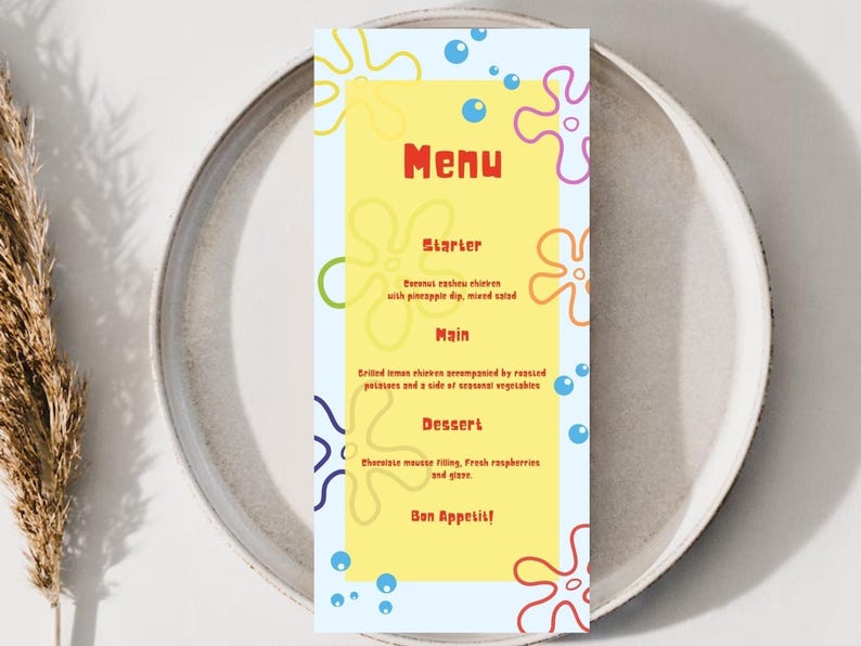 Spongebob Theme Party Menu Template: Editable Canva Printable Digital ...