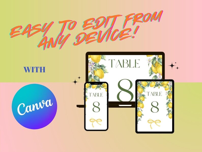 Lemon Table Number Template: Mediterranean Wedding, Citrus Party (5x7 ...