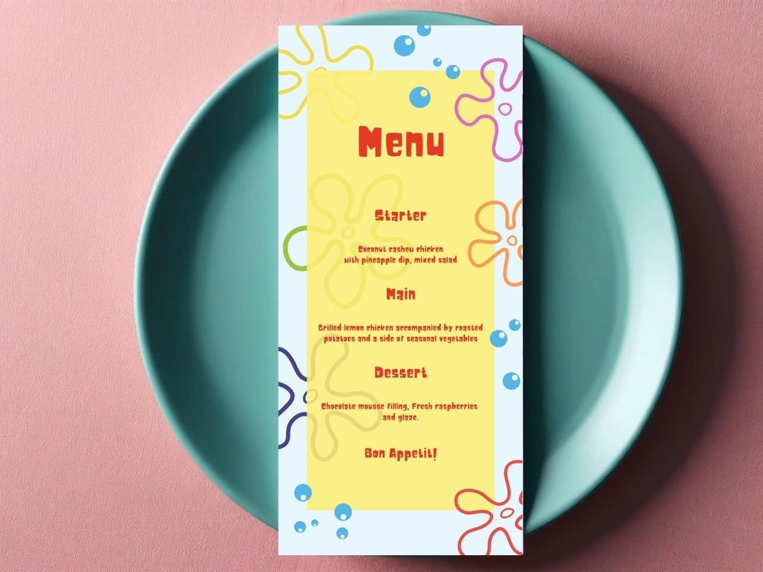 Spongebob Theme Party Menu Template: Editable Canva Printable Digital ...