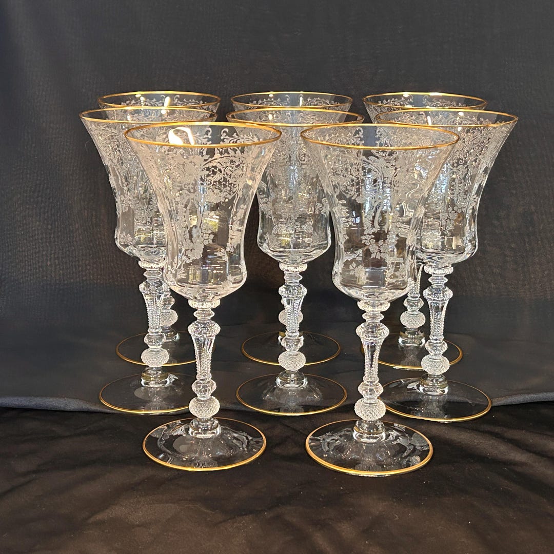 Vintage Set of 8 Cambridge Minerva Water Goblets Gold Trim 8 1/8" Tall ...