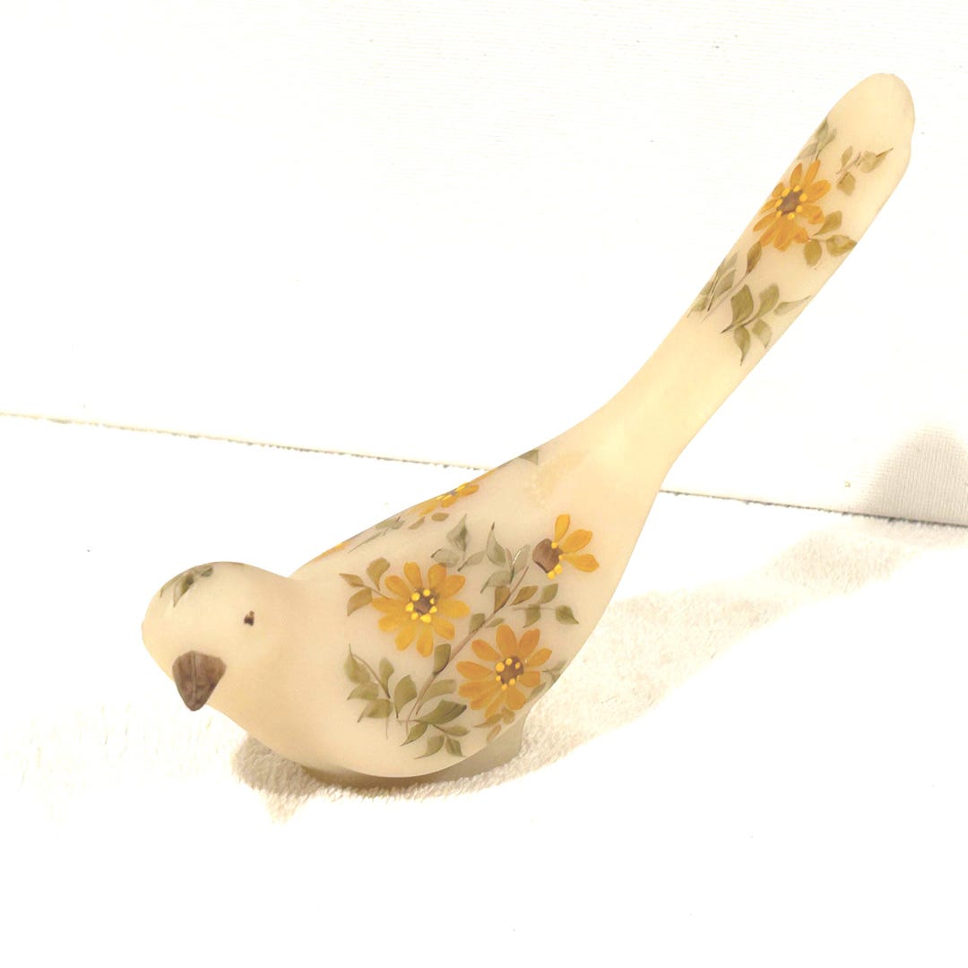 Vintage Fenton Hand Painted Satin Custard Glass Bird Figurine Artist ...