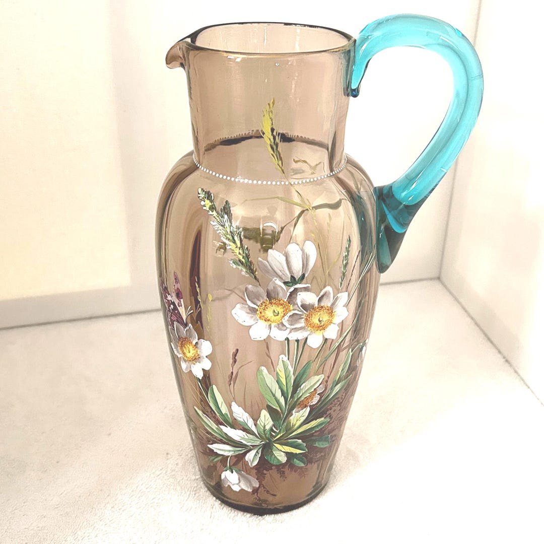 Antique Victorian Enameled Glass Bohemian Water Pitcher 11 1/8". - Etsy