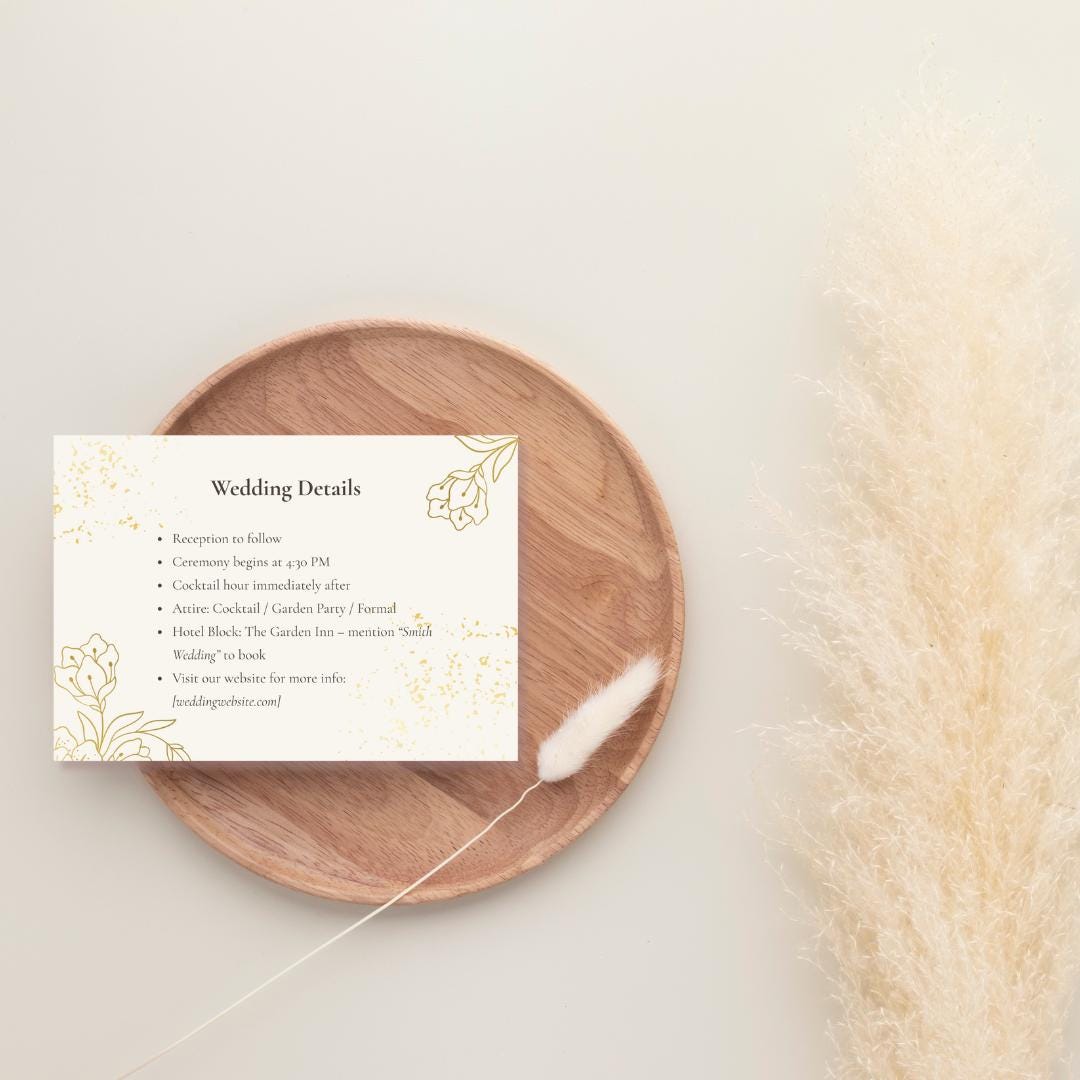 Wedding Details Card Template – 5x3.5" – Botanical Gold – Elegant ...