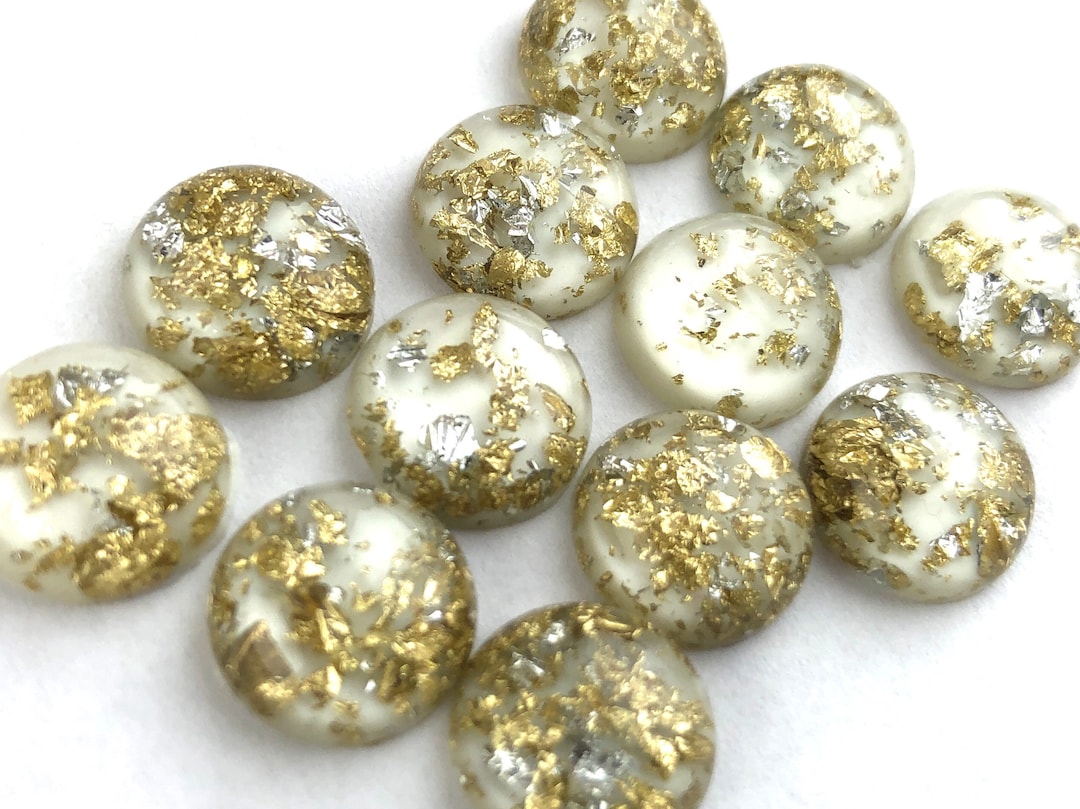10pcs 12mm White Gold Cabochons - Gold Flecks Foil Leaf Flat Back Round ...